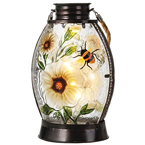 TERESA'S COLLECTIONS Glass Decorative Hanging Solar Lanterns Lights, Waterproof Metal Outdoor Solar Lanterns with Bee Flowers for Tabletop Patio Lawn Yard Garden Decorations,10 inch Tall