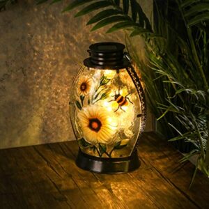 TERESA'S COLLECTIONS Glass Decorative Hanging Solar Lanterns Lights, Waterproof Metal Outdoor Solar Lanterns with Bee Flowers for Tabletop Patio Lawn Yard Garden Decorations,10 inch Tall