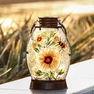 TERESA'S COLLECTIONS Glass Decorative Hanging Solar Lanterns Lights, Waterproof Metal Outdoor Solar Lanterns with Bee Flowers for Tabletop Patio Lawn Yard Garden Decorations,10 inch Tall