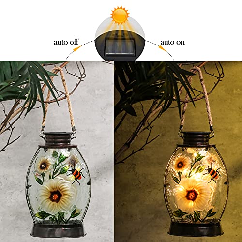 TERESA'S COLLECTIONS Glass Decorative Hanging Solar Lanterns Lights, Waterproof Metal Outdoor Solar Lanterns with Bee Flowers for Tabletop Patio Lawn Yard Garden Decorations,10 inch Tall