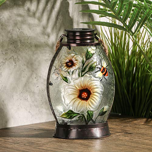 TERESA'S COLLECTIONS Glass Decorative Hanging Solar Lanterns Lights, Waterproof Metal Outdoor Solar Lanterns with Bee Flowers for Tabletop Patio Lawn Yard Garden Decorations,10 inch Tall