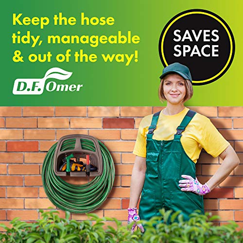 DF OMER Plastic Garden Water Hose Holder | Wall Mount Hose Hanger with Storage Compartment Fits 150 ft. Hose – 10x5x5 in. Weatherproof Hose Rack Hanger for Outside with Shelf for Garden Equipment