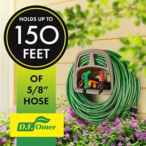 DF OMER Plastic Garden Water Hose Holder | Wall Mount Hose Hanger with Storage Compartment Fits 150 ft. Hose – 10x5x5 in. Weatherproof Hose Rack Hanger for Outside with Shelf for Garden Equipment