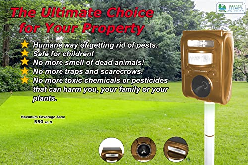 GARDEN SECRETS (2023 Version) Compact Solar Ultrasonic Animal Repellent. Skunk Raccoon Deer Coyote Cat Rat Mice etc Deterrent. Keep Pests Away from Your Property Within 2-4 Weeks. (Brown, 1 Unit)