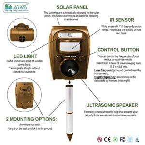 GARDEN SECRETS (2023 Version) Compact Solar Ultrasonic Animal Repellent. Skunk Raccoon Deer Coyote Cat Rat Mice etc Deterrent. Keep Pests Away from Your Property Within 2-4 Weeks. (Brown, 1 Unit)