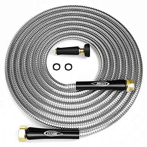 TITAN 100FT Metal Garden Hose - Flexible Water Hose with Solid 3/4" Brass Connectors 360 Degree Brass Jet Sprayer Nozzle - Lightweight Kink Free Strong and Durable Heavy Duty 304 Stainless Steel