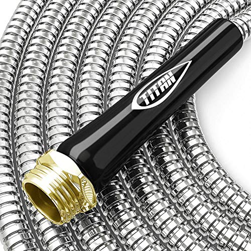 TITAN 100FT Metal Garden Hose - Flexible Water Hose with Solid 3/4" Brass Connectors 360 Degree Brass Jet Sprayer Nozzle - Lightweight Kink Free Strong and Durable Heavy Duty 304 Stainless Steel