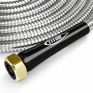 TITAN 100FT Metal Garden Hose - Flexible Water Hose with Solid 3/4" Brass Connectors 360 Degree Brass Jet Sprayer Nozzle - Lightweight Kink Free Strong and Durable Heavy Duty 304 Stainless Steel