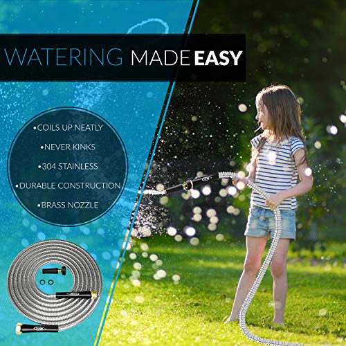 TITAN 100FT Metal Garden Hose - Flexible Water Hose with Solid 3/4" Brass Connectors 360 Degree Brass Jet Sprayer Nozzle - Lightweight Kink Free Strong and Durable Heavy Duty 304 Stainless Steel