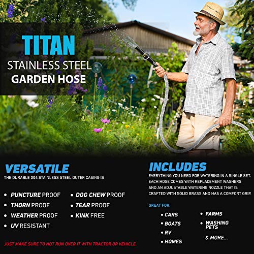 TITAN 100FT Metal Garden Hose - Flexible Water Hose with Solid 3/4" Brass Connectors 360 Degree Brass Jet Sprayer Nozzle - Lightweight Kink Free Strong and Durable Heavy Duty 304 Stainless Steel