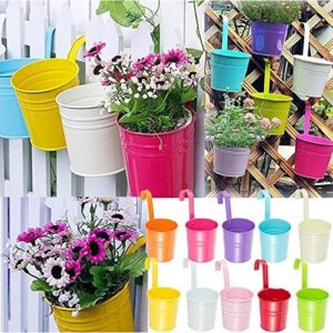 Flower Pots,10 Pcs Metal Iron Hanging Flower Plant Pots Balcony Garden Plant Planter Baskets Fence Bucket Pots 3.94'' Flower Holders with Detachable Hook