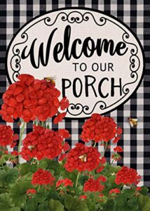 covido home decorative welcome to our porch geranium spring summer garden flag, red flower black white buffalo plaid check house yard outside decoration fall autumn farmhouse outdoor small decor 12×18