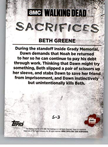 2018 Topps Walking Dead Hunters and the Hunted Sacrifices #S-3 Beth Greene Official Non-Sport Trading Card in NM or Better Conditon