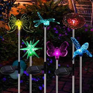 maggift 6 pack outdoor solar figurine lights, solar powered garden stake light, color changing led landscape lighting, sparkling star flower hummingbird butterfly dragonfly bee for patio yard pathway