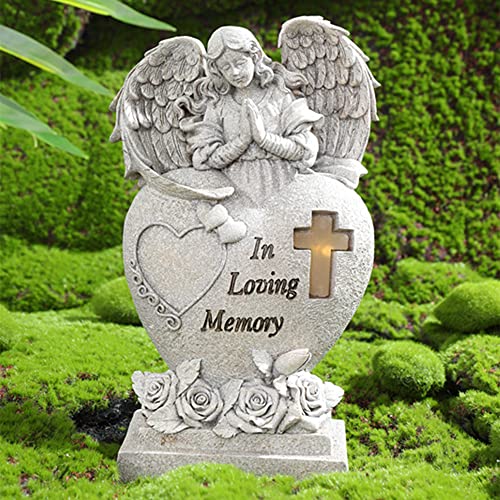 SJZ Garden Angel Statue Sympathy Gift with Cross Solar LED Light, Human Memorial Gifts , in Memory of Loved One, Condolence Gifts, Bereavement Gifts, Cemetary Grave Decorations