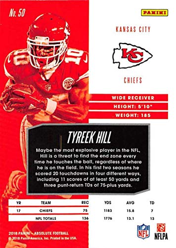 2018 Absolute Football #50 Tyreek Hill Kansas City Chiefs Official NFL Trading Card made by Panini