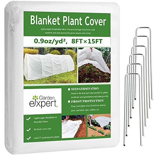 Garden expert Plant Covers Freeze Protection Floating Row Cover 0.9oz Fabric Frost Cloth Plant Blanket for Plants & Vegetables in Winter(8FTx15FT,with 6 PCS Staples Stakes)