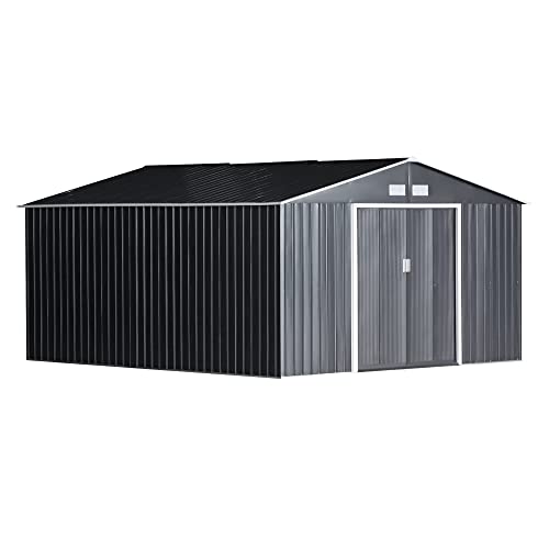 Outsunny 11.15'W x 12.5'D x 6.6'H Outdoor Backyard Garden Tool Shed with Double Sliding Doors, 4 Airy Vents, & Durable Steel, Dark Grey