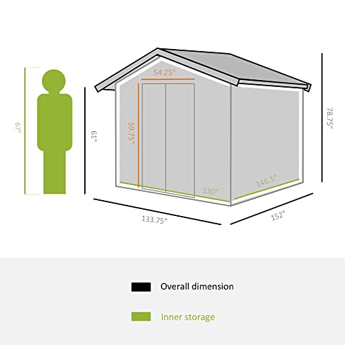 Outsunny 11.15'W x 12.5'D x 6.6'H Outdoor Backyard Garden Tool Shed with Double Sliding Doors, 4 Airy Vents, & Durable Steel, Dark Grey