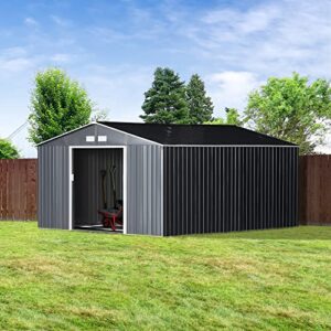 Outsunny 11.15'W x 12.5'D x 6.6'H Outdoor Backyard Garden Tool Shed with Double Sliding Doors, 4 Airy Vents, & Durable Steel, Dark Grey