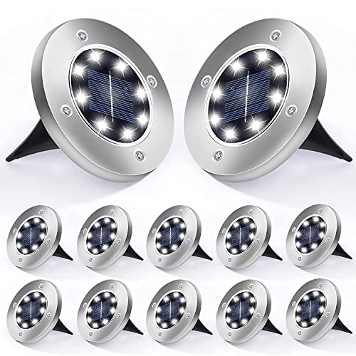 Aogist Solar Ground Lights 12 Packs, 8 LED Solar Garden Lights, Outdoor Solar Disk Lights, In-ground Outdoor Landscape Lights for Pathway Yard Walkway Patio Lawn Path (Cold White)