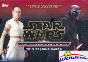 2019 topps star wars journey to the rise of skywalker exclusive factory sealed blaster box with (3) exclusive battle line cards plus 5 parallels & inserts ! look for auto & sketch cards! wowzzer!