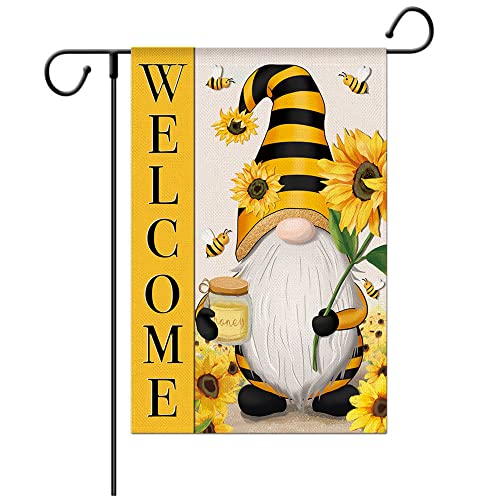 WODISON Welcome Spring Summer Garden Flag Sunflower Gnome Floral Bee Flag, 12 x 18 Inch Vertical Double Sided Burlap Banner for Outdoor Seasonal Decoration (ONLY FLAG)