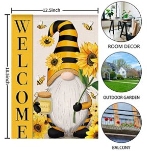 WODISON Welcome Spring Summer Garden Flag Sunflower Gnome Floral Bee Flag, 12 x 18 Inch Vertical Double Sided Burlap Banner for Outdoor Seasonal Decoration (ONLY FLAG)