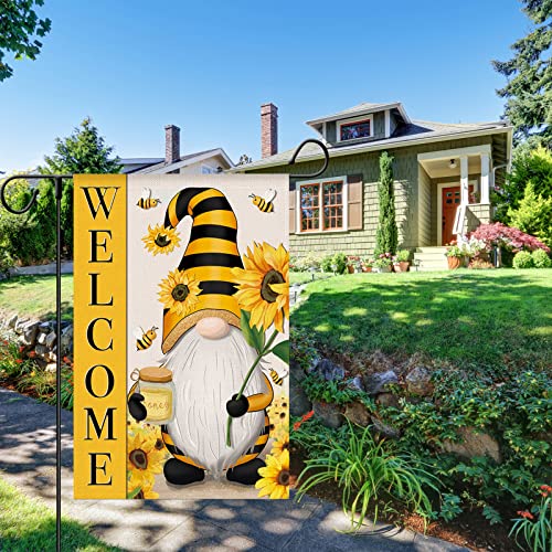 WODISON Welcome Spring Summer Garden Flag Sunflower Gnome Floral Bee Flag, 12 x 18 Inch Vertical Double Sided Burlap Banner for Outdoor Seasonal Decoration (ONLY FLAG)