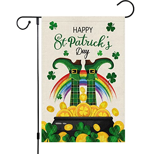 Spring St. Patrick's Day Garden Flag 12x18 Double Sided, Burlap Small Lucky Leprechauns Shamrock Welcome Yard Flag Banner Gold Coin Pot Rainbow Clover Sign for Home Outside Outdoor Decor (ONLY FLAG)