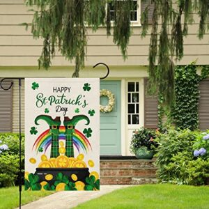 Spring St. Patrick's Day Garden Flag 12x18 Double Sided, Burlap Small Lucky Leprechauns Shamrock Welcome Yard Flag Banner Gold Coin Pot Rainbow Clover Sign for Home Outside Outdoor Decor (ONLY FLAG)