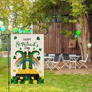 Spring St. Patrick's Day Garden Flag 12x18 Double Sided, Burlap Small Lucky Leprechauns Shamrock Welcome Yard Flag Banner Gold Coin Pot Rainbow Clover Sign for Home Outside Outdoor Decor (ONLY FLAG)