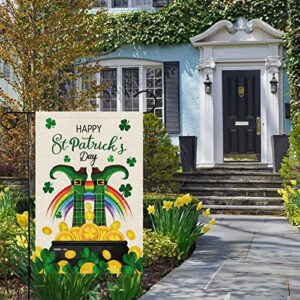 Spring St. Patrick's Day Garden Flag 12x18 Double Sided, Burlap Small Lucky Leprechauns Shamrock Welcome Yard Flag Banner Gold Coin Pot Rainbow Clover Sign for Home Outside Outdoor Decor (ONLY FLAG)