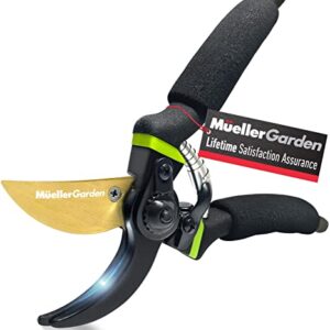 Mueller Soft Grip Garden Pruning Shears, Heavy Duty Pro Series Garden Clippers, Bypass Pruners, Durable Hardened Titanium Blades, 1.2" Cutting Diameter, Blade Lock