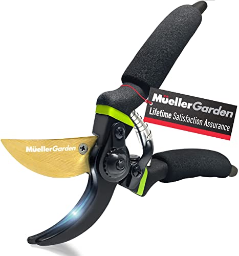 Mueller Soft Grip Garden Pruning Shears, Heavy Duty Pro Series Garden Clippers, Bypass Pruners, Durable Hardened Titanium Blades, 1.2" Cutting Diameter, Blade Lock