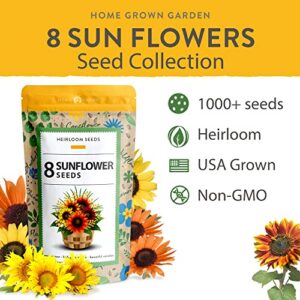 Sunflower Seeds for Planting Outside | 8 Variety Pack | Perennial Flower Seed for Your Sunflower Garden - Plant Mexican, Lemon Queen, Autumn Beauty | Dwarfs: Sunspot, Velvet Queen & More