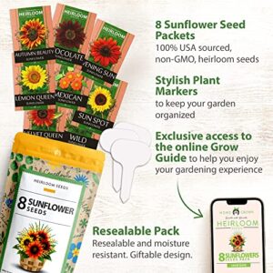 Sunflower Seeds for Planting Outside | 8 Variety Pack | Perennial Flower Seed for Your Sunflower Garden - Plant Mexican, Lemon Queen, Autumn Beauty | Dwarfs: Sunspot, Velvet Queen & More