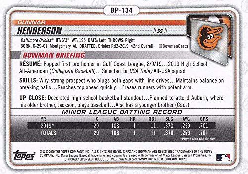 2020 Bowman Prospects #BP-134 Gunnar Henderson Baltimore Orioles MLB Baseball Card NM-MT