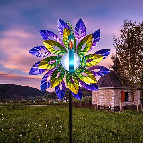 Peacock Solar Wind Spinner Garden Yard Decor, Outdoor Decorative Metal Wind Sculpture with Cracked Glass Ball, Waterproof Art Windmill Landscape Stake Light for Lawn Patio Pathway Yard Courtyard Decor