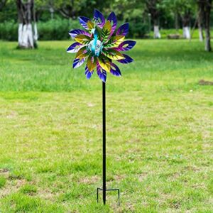 Peacock Solar Wind Spinner Garden Yard Decor, Outdoor Decorative Metal Wind Sculpture with Cracked Glass Ball, Waterproof Art Windmill Landscape Stake Light for Lawn Patio Pathway Yard Courtyard Decor