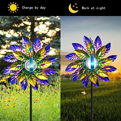 Peacock Solar Wind Spinner Garden Yard Decor, Outdoor Decorative Metal Wind Sculpture with Cracked Glass Ball, Waterproof Art Windmill Landscape Stake Light for Lawn Patio Pathway Yard Courtyard Decor