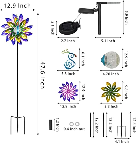 Peacock Solar Wind Spinner Garden Yard Decor, Outdoor Decorative Metal Wind Sculpture with Cracked Glass Ball, Waterproof Art Windmill Landscape Stake Light for Lawn Patio Pathway Yard Courtyard Decor