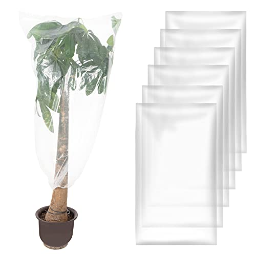 ANPHSIN 6 Pcs Winter Plant Film Cover with Drawstring- 35.4" x 59.1" Plastic Plant Cover Freeze Protection Transparent Waterproof Plant Shelter Bag for Outdoors Garden Plants Shrubs Sapling Crops