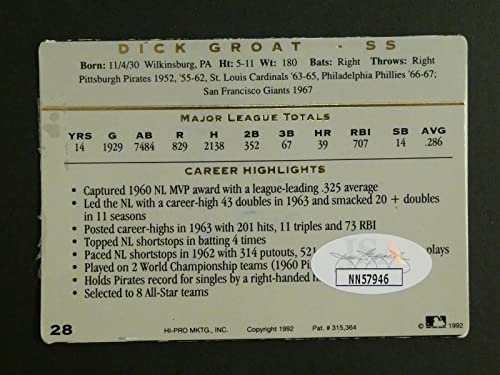 Dick Groat Signed Baseball Card with JSA COA