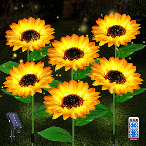 Solar Garden Lights Outdoor, 6 Pack Sunflower Lights 20 Hours Working Time with Remote, 8 Modes Garden Decor Waterproof Decorative Garden Stakes Christmas Gift for Grave Patio Yard Pathway Wedding