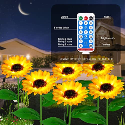 Solar Garden Lights Outdoor, 6 Pack Sunflower Lights 20 Hours Working Time with Remote, 8 Modes Garden Decor Waterproof Decorative Garden Stakes Christmas Gift for Grave Patio Yard Pathway Wedding