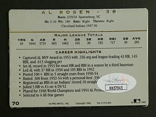 Al Rosen Signed Baseball Card with JSA COA