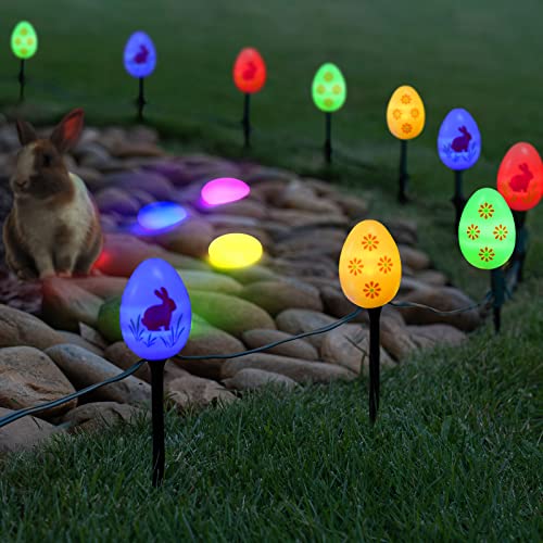 LOGUIDE 32ft Solar Easter Egg Lights String with Stake,15 Light up Led Easter Eggs for Garden/Yard, Easter Outdoor Decorative Lights Waterproof for Path/Lawn