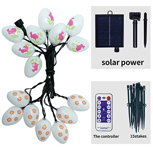 LOGUIDE 32ft Solar Easter Egg Lights String with Stake,15 Light up Led Easter Eggs for Garden/Yard, Easter Outdoor Decorative Lights Waterproof for Path/Lawn