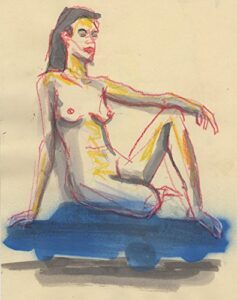 nude seated on a blue car